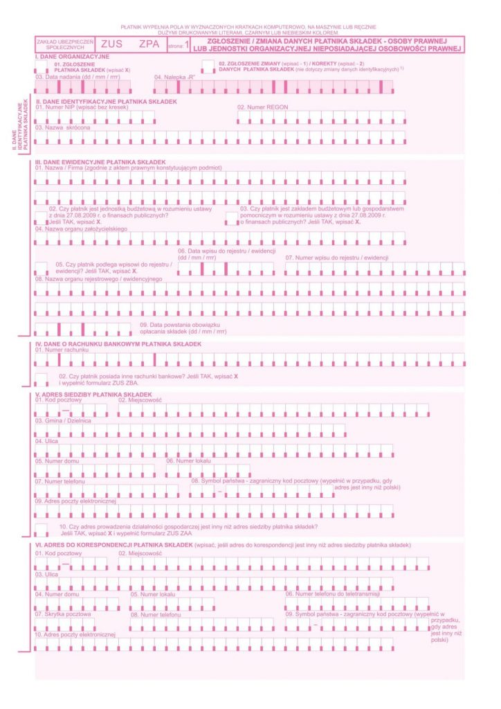 Formularz ZUS ZPA. Zmiana danych płatnika składek