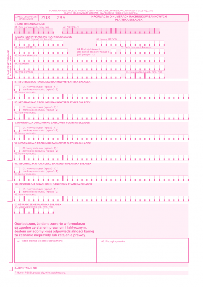 Formularz ZUS ZBA. Zgłoś rachunki bankowe płatnika składek