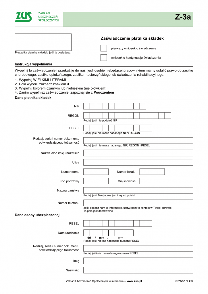 Zaświadczenie płatnika składek ZUS Z3A. Wypełnij formularz Z-3A