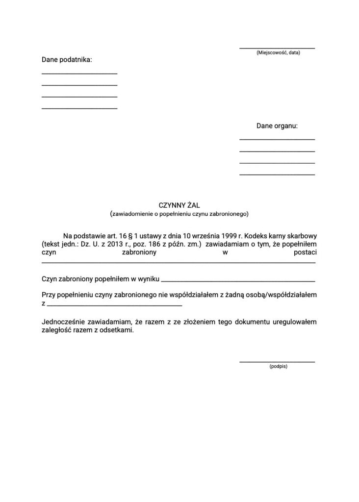 Czynny żal – wzór i zasada działania