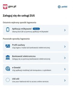 PUE ZUS logowanie przez profil zaufany, login i hasło, bank
